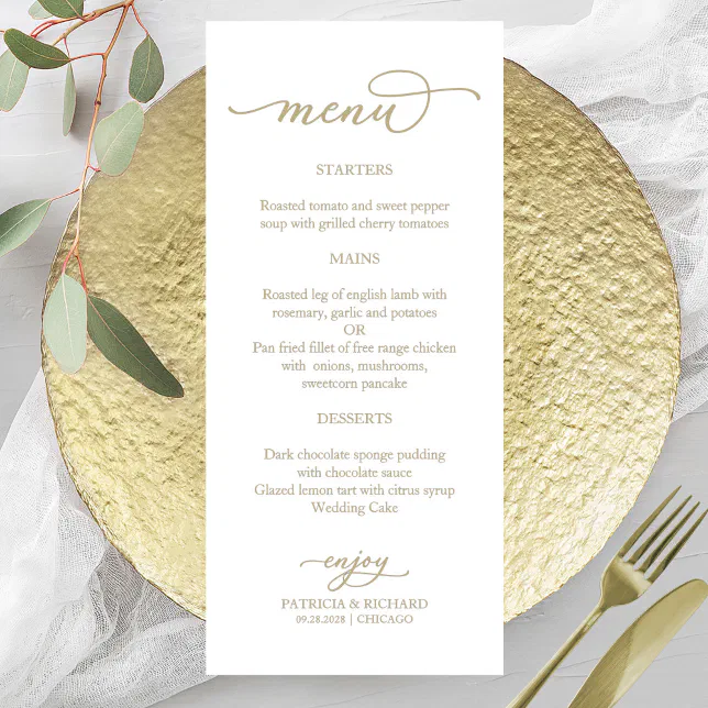 Elegant Calligraphy Gold And White Menu | Zazzle