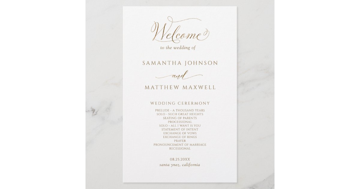 Elegant Calligraphy Gold and White Wedding Program | Zazzle