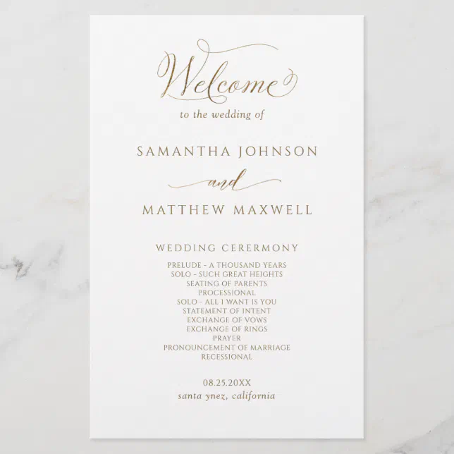 Elegant Calligraphy Gold and White Wedding Program | Zazzle