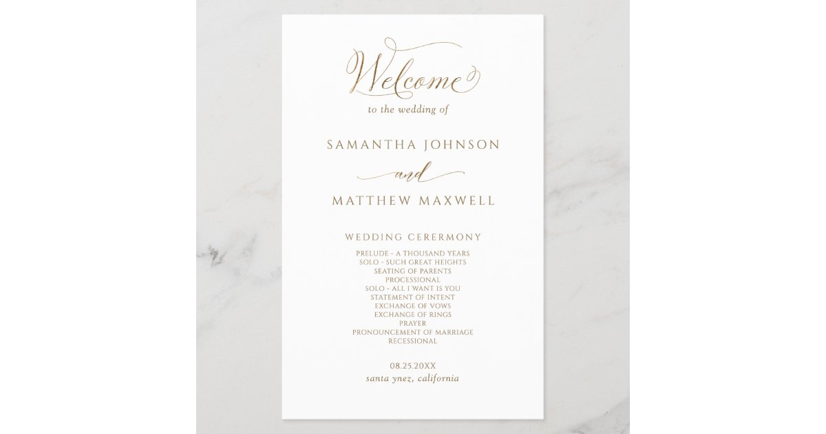 Elegant Calligraphy Gold and White Wedding Program | Zazzle