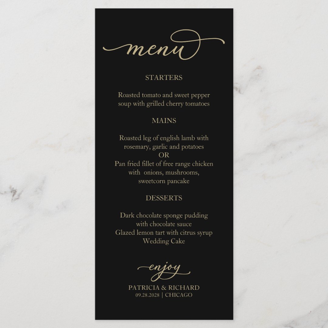 Elegant Calligraphy Gold Black Menu | Zazzle