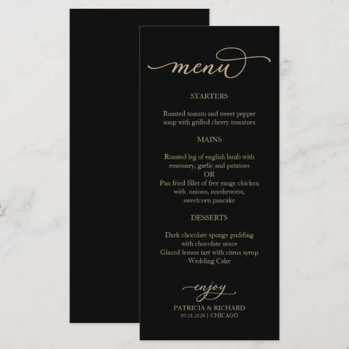 Elegant Calligraphy Gold Black Menu | Zazzle
