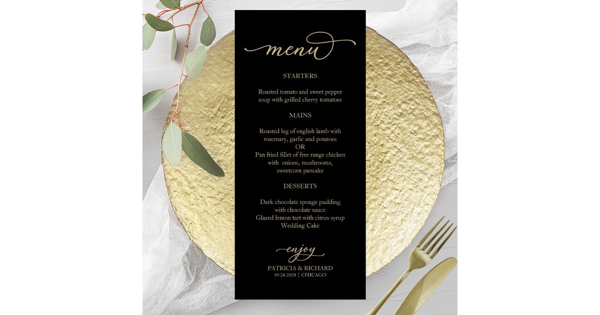 Elegant Calligraphy Gold Black Menu | Zazzle