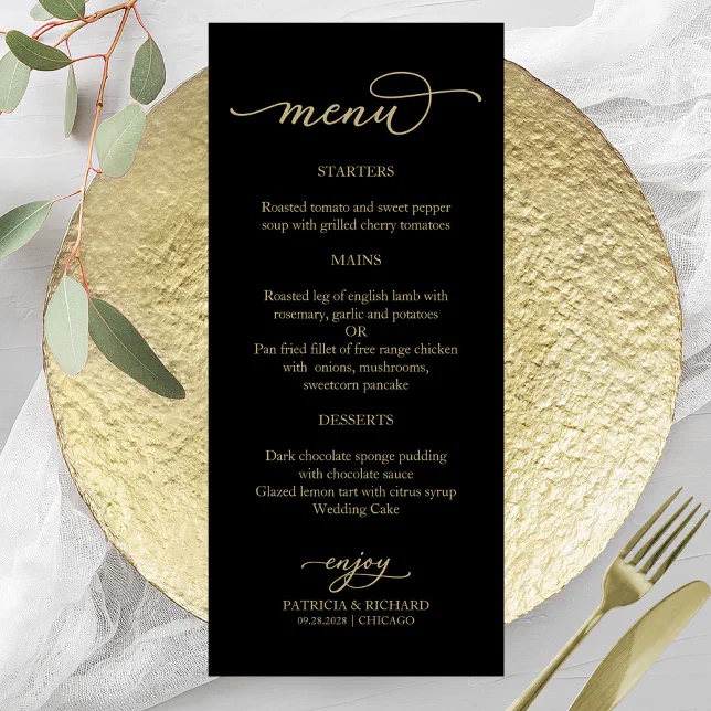 Elegant Calligraphy Gold Black Menu | Zazzle
