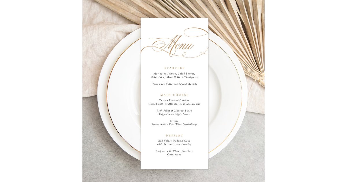 Elegant Calligraphy Gold Script Modern Wedding Menu | Zazzle