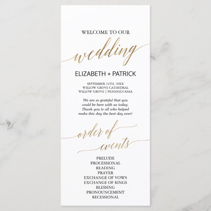 Elegant Calligraphy | Gold Wedding Order Of Events Program | Zazzle.com