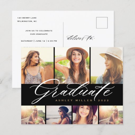 Elegant Calligraphy Graduate Photo Collage Party Invitation Postcard ...