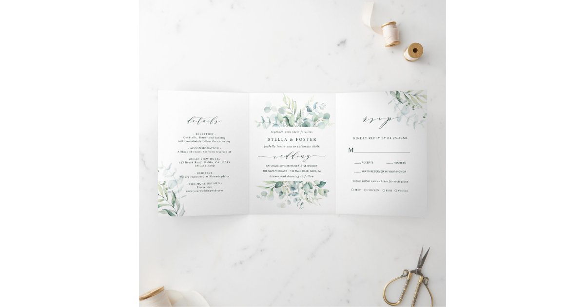 Elegant Calligraphy Green Foliage Wedding Tri-Fold Invitation | Zazzle