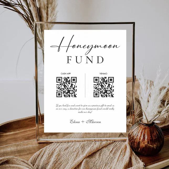 Elegant Calligraphy Honeymoon Fund QR Code Wedding Pedestal Sign | Zazzle
