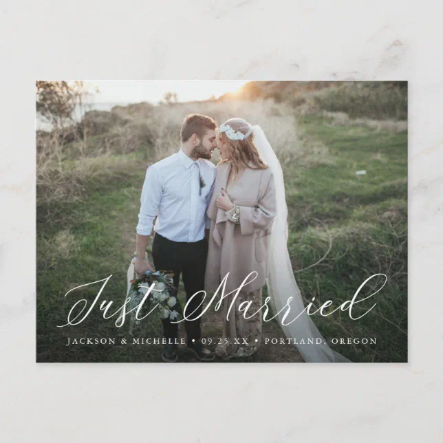 Elegant Calligraphy Just Married Wedding Elopement Postcard | Zazzle