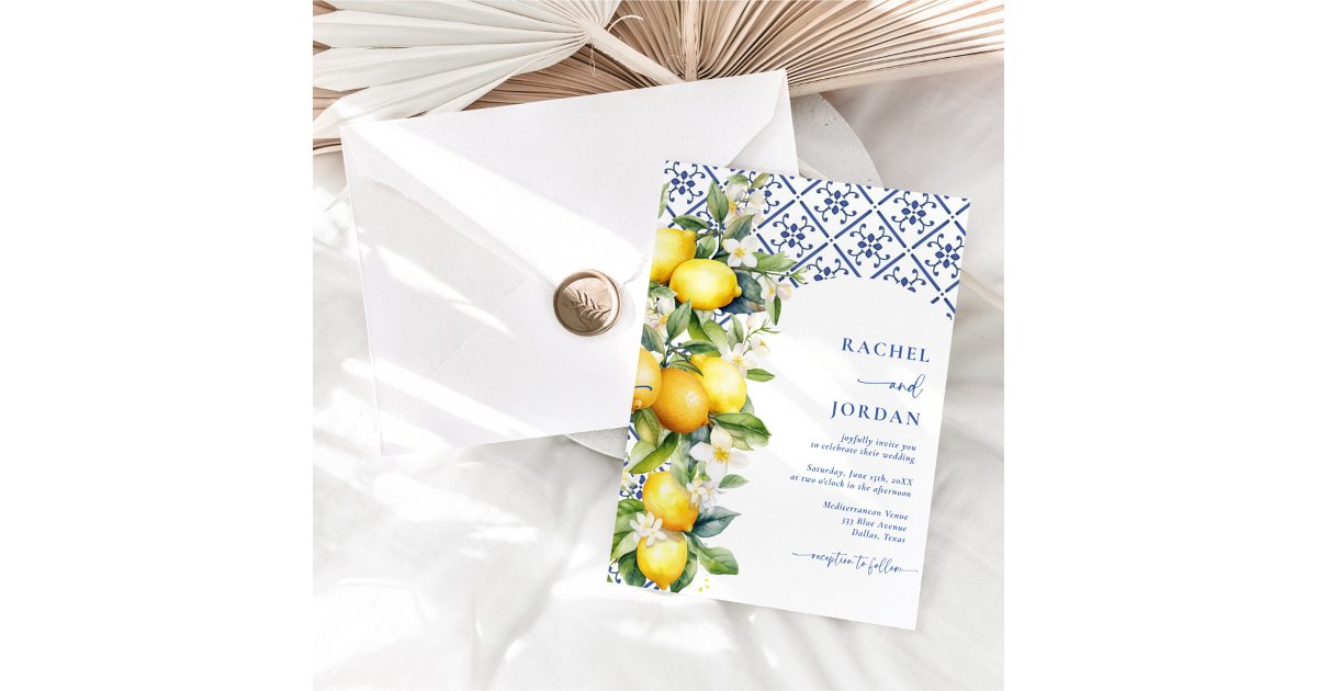 Elegant Calligraphy Lemon Mediterranean Wedding Invitation | Zazzle