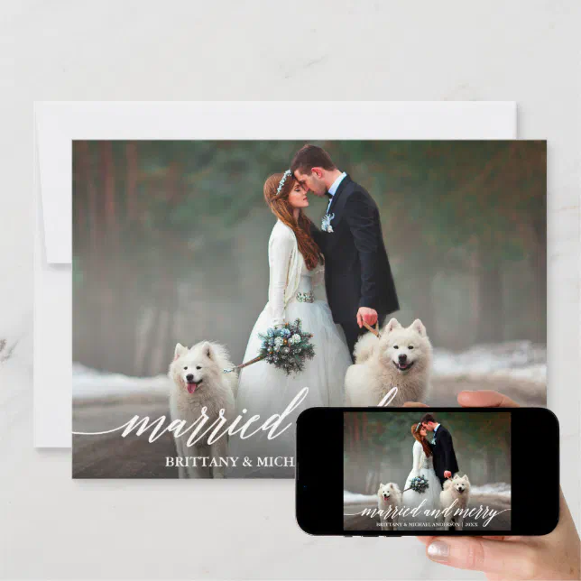 Elegant Calligraphy Married and Merry Wedding Holiday Card | Zazzle
