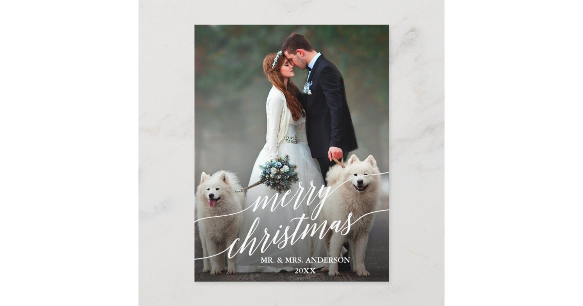 Elegant Calligraphy Merry Christmas Wedding Photo Postcard | Zazzle