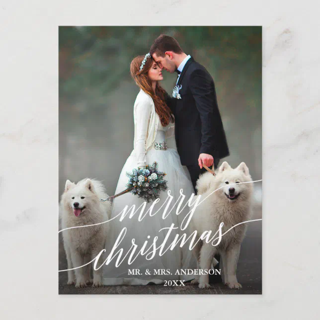 Elegant Calligraphy Merry Christmas Wedding Photo Postcard | Zazzle