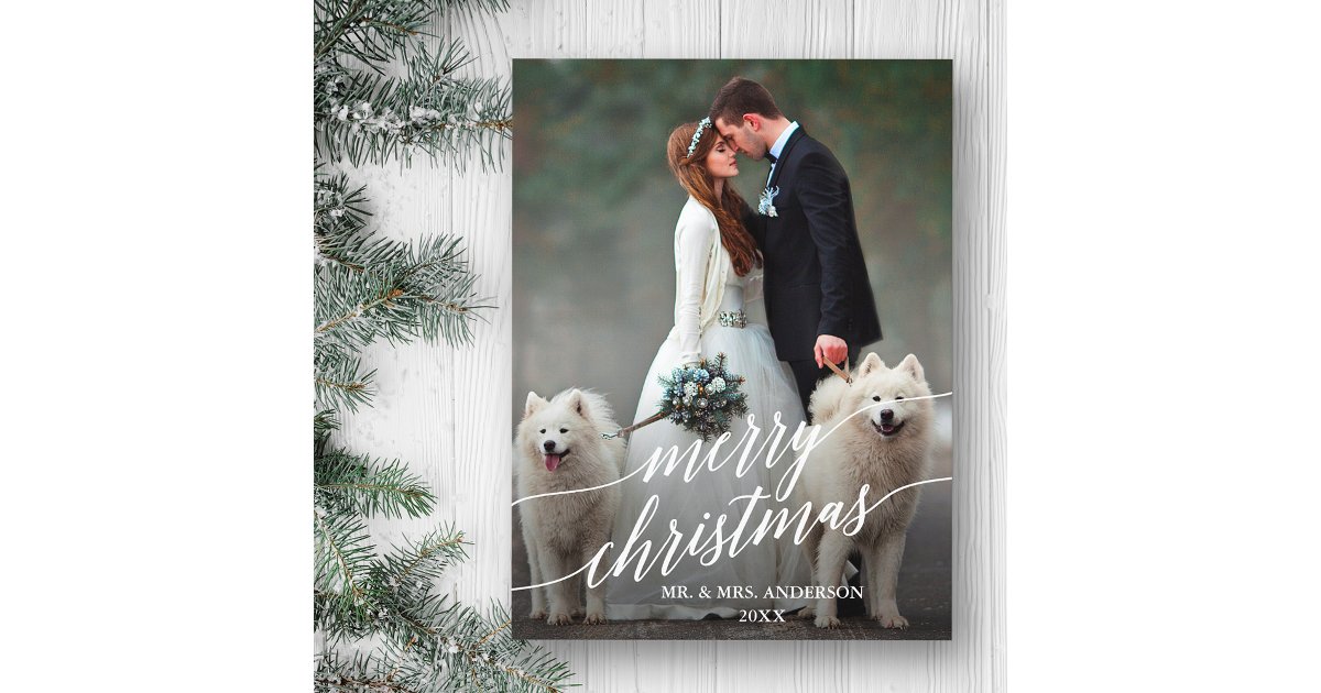 Elegant Calligraphy Merry Christmas Wedding Photo Postcard | Zazzle
