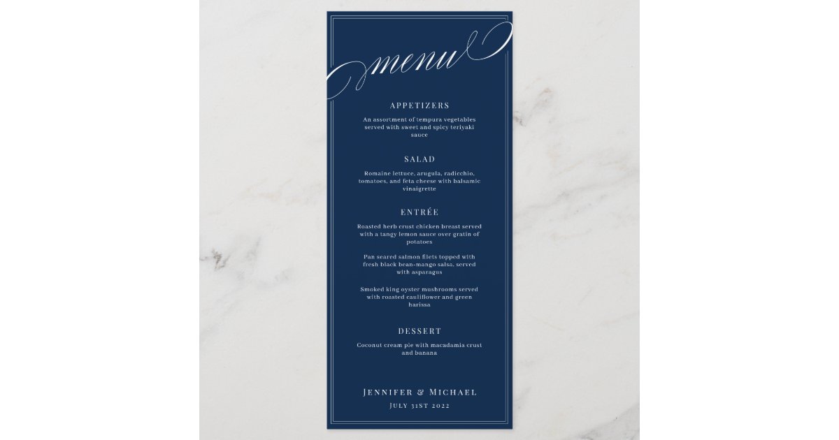 Elegant Calligraphy Navy Blue Classic Wedding Menu | Zazzle
