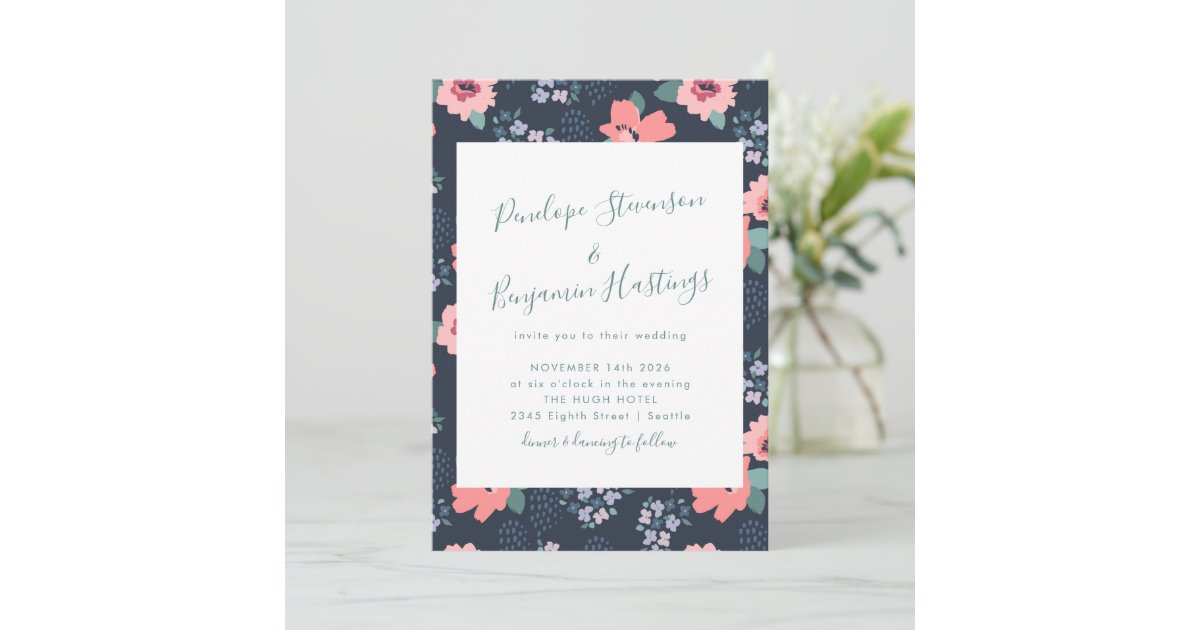Elegant Calligraphy Navy Blue Floral Wedding Invitation | Zazzle