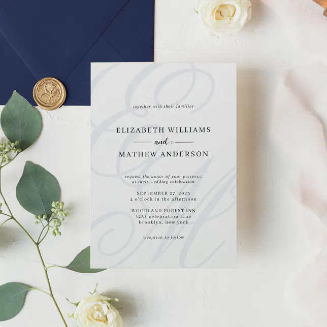 Elegant Calligraphy Navy Blue Monogram Wedding Invitation | Zazzle