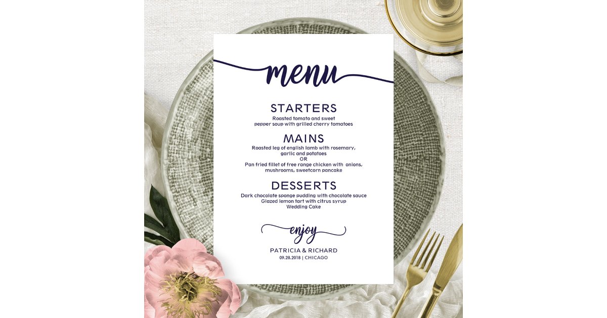 Elegant Calligraphy Navy Blue Script Wedding Menu | Zazzle