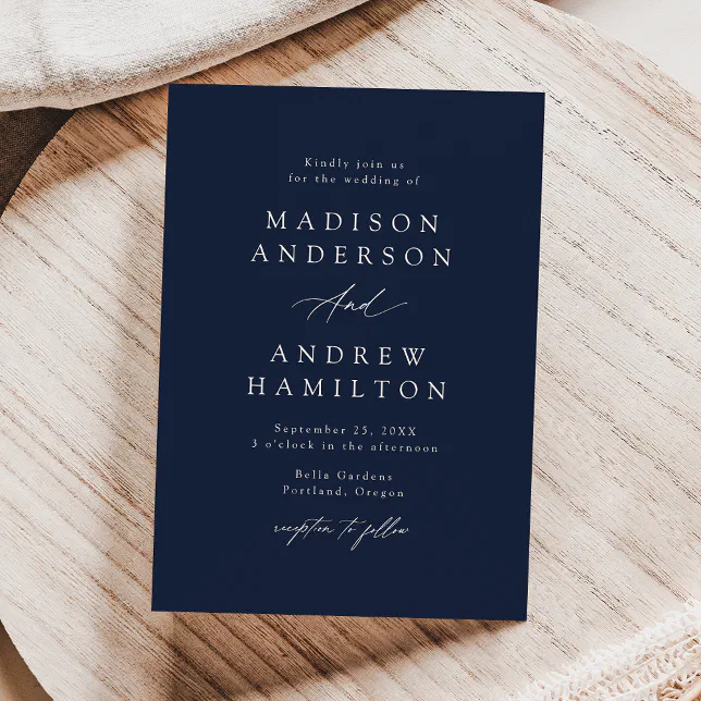 Elegant Calligraphy Navy Wedding Invitation | Zazzle