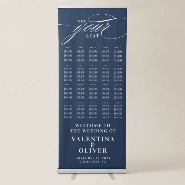 Elegant Calligraphy Navy Wedding Seating Chart Retractable Banner | Zazzle