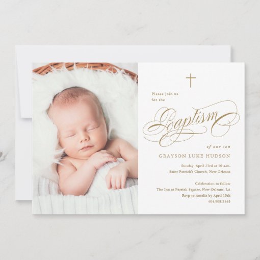 Elegant Calligraphy Neutral Gold Photo Baptism Invitation | Zazzle