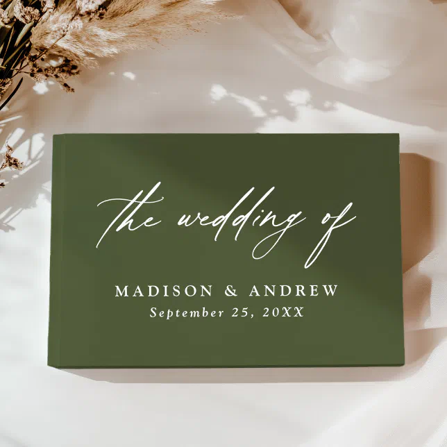 Elegant Calligraphy Olive Green Photo Wedding Guest Book | Zazzle