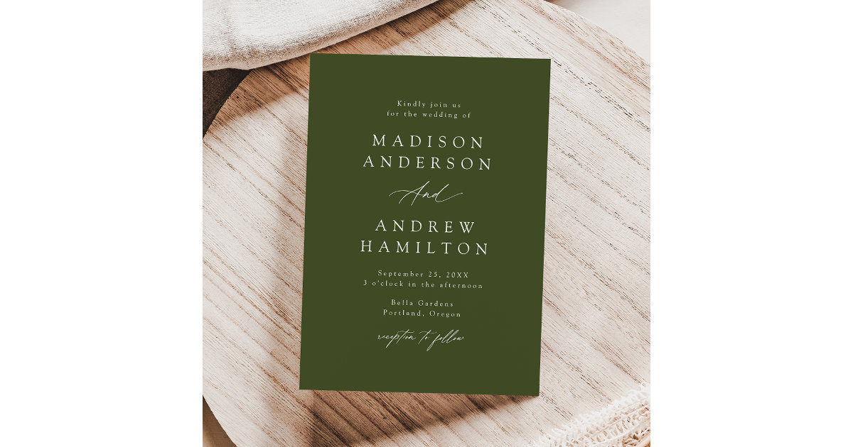 Elegant Calligraphy Olive Green Wedding Invitation | Zazzle