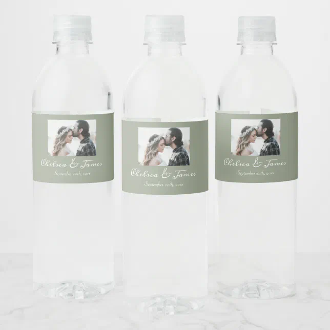 Elegant Calligraphy Photo Sage Green Wedding Water Bottle Label | Zazzle