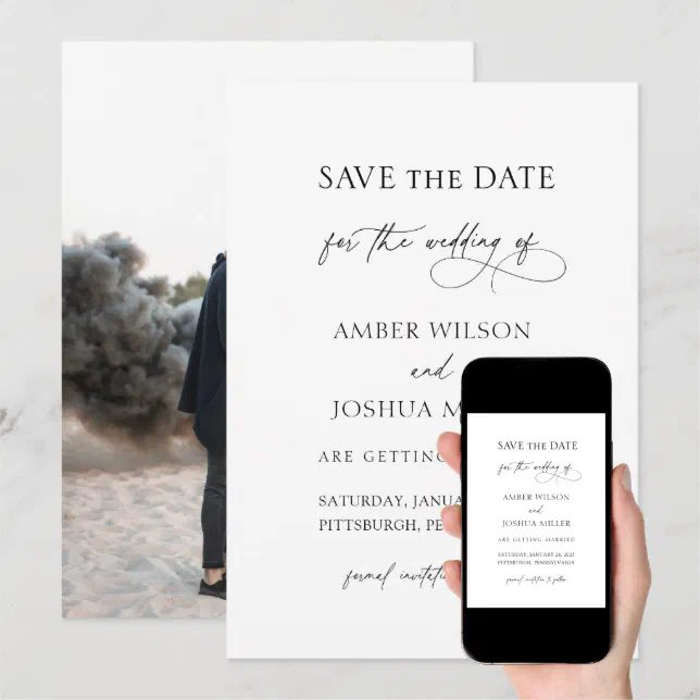 Elegant Calligraphy Photo Wedding Save the Date In Invitation | Zazzle