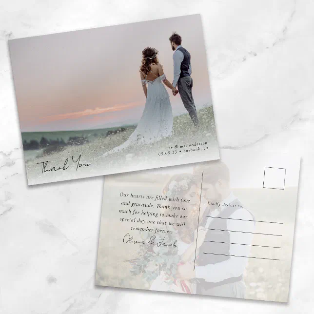Elegant Calligraphy Photo Wedding Thank You Postcard | Zazzle