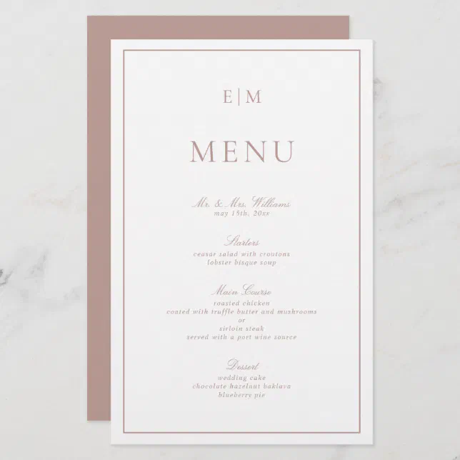 Elegant Calligraphy Pink Monogram Wedding Menu | Zazzle