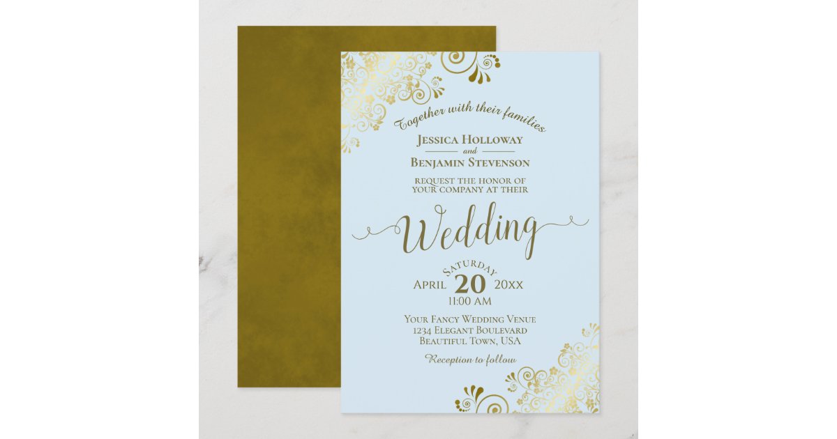 Elegant Calligraphy Powder Blue & Gold Wedding Invitation | Zazzle