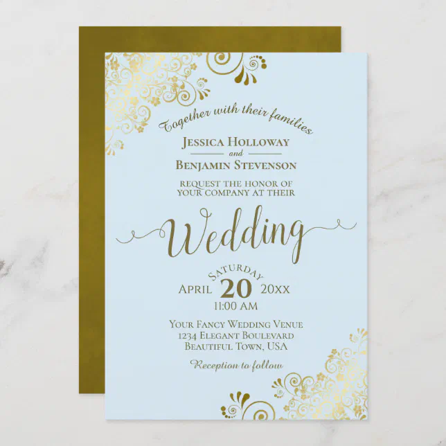 Elegant Calligraphy Powder Blue & Gold Wedding Invitation | Zazzle