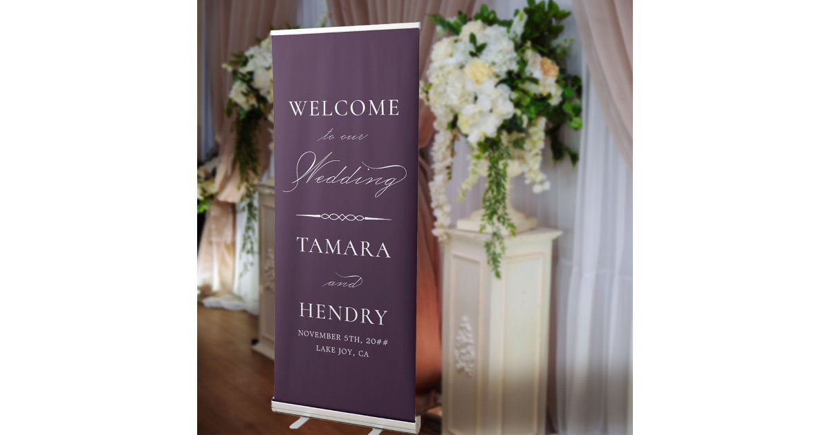 Elegant Calligraphy Purple Wedding Welcome Retractable Banner | Zazzle