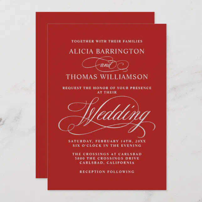 Elegant Calligraphy Red and Silver Wedding Invitation | Zazzle