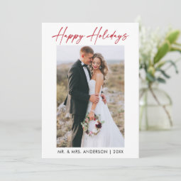 Elegant Calligraphy Red Ink Script Photo Wedding Holiday Card | Zazzle