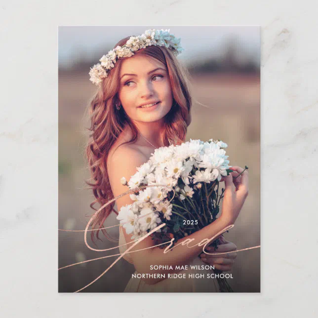 Elegant Calligraphy Rose Gold Photo Graduation Postcard | Zazzle