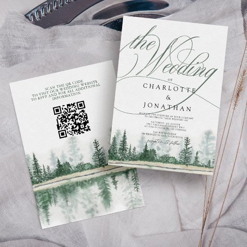 Elegant Calligraphy Rustic Forest QR Code Wedding Invitation | Zazzle