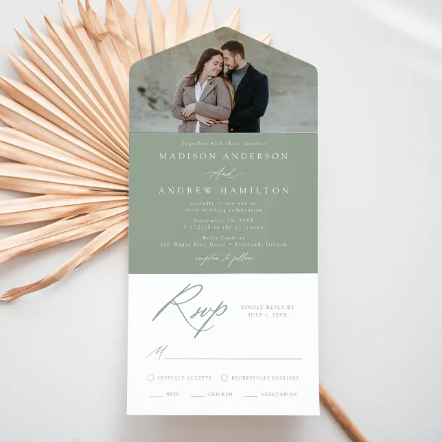 Elegant Calligraphy Sage Green Photo Wedding All In One Invitation | Zazzle
