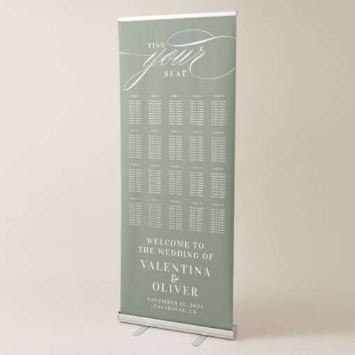 Elegant Calligraphy Sage Green Seating Chart Retractable Banner | Zazzle