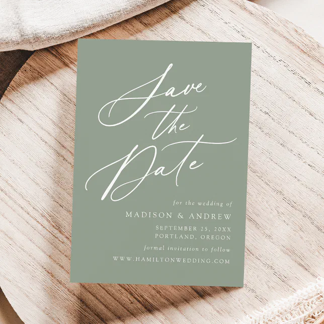 Elegant Calligraphy Sage Green Wedding Save The Date | Zazzle