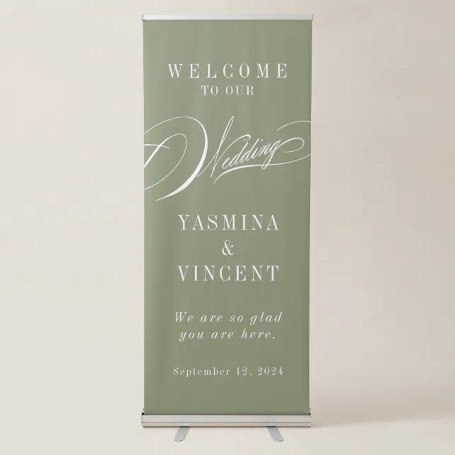 Elegant Calligraphy Sage Green Wedding Welcome Retractable Banner | Zazzle
