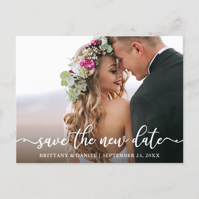 Elegant Calligraphy Save The New Date Photo Postcard | Zazzle