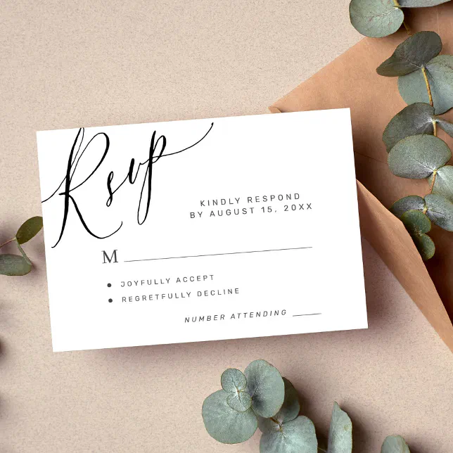 Elegant calligraphy script black and white wedding RSVP card | Zazzle