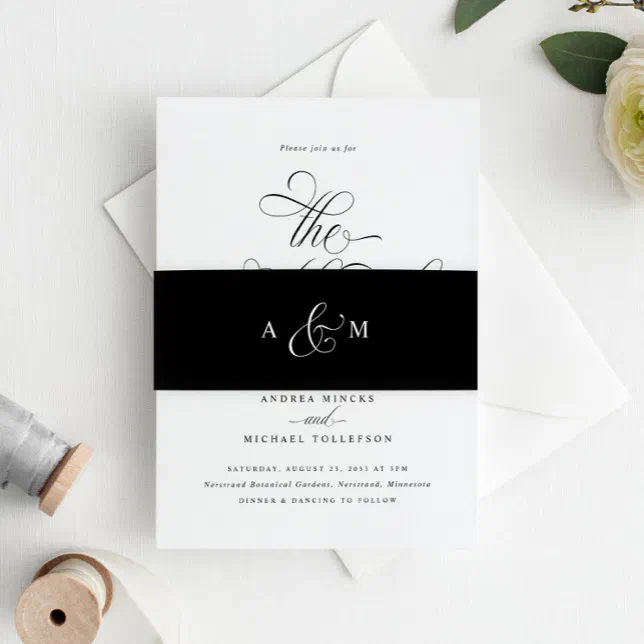 Elegant Calligraphy Script Luxury Wedding Black Invitation Belly Band | Zazzle