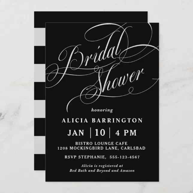 Elegant Calligraphy Script on Black Bridal Shower Invitation | Zazzle
