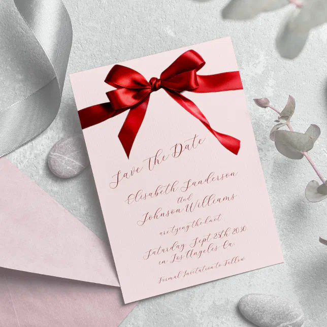 Elegant calligraphy script red bow pink wedding save the date | Zazzle