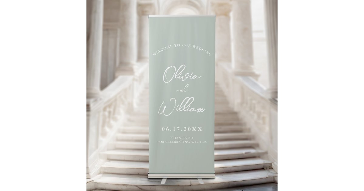 Elegant Calligraphy Script Sage Wedding Welcome Retractable Banner | Zazzle