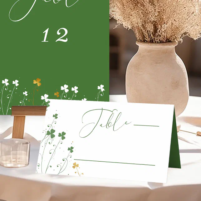 Elegant Calligraphy Shamrock Wildflower Wedding Place Card | Zazzle